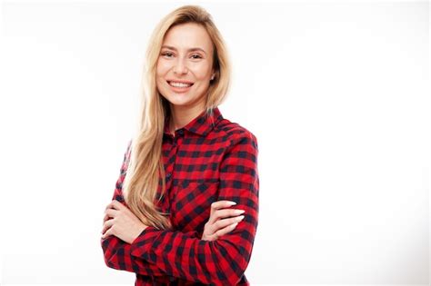 Premium Photo Portrait Of Attractive Blonde Girl In Plaid Red Shirt Posing And Smiling