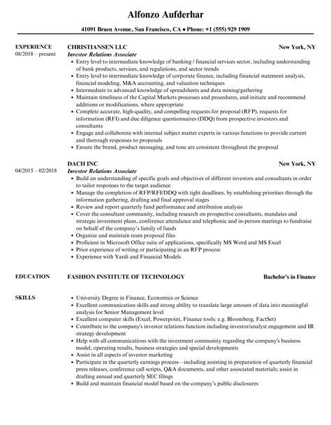 Investor Relations Associate Resume Samples Velvet Jobs