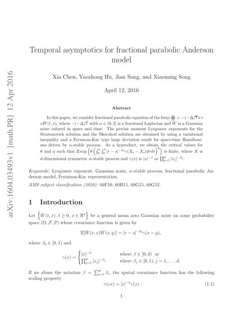 Pdf Temporal Asymptotics For Fractional Parabolic Anderson Model