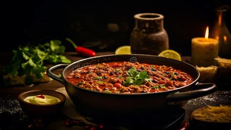 Chilli Con Carne Soup On A Dark Background Mexican Food Stock