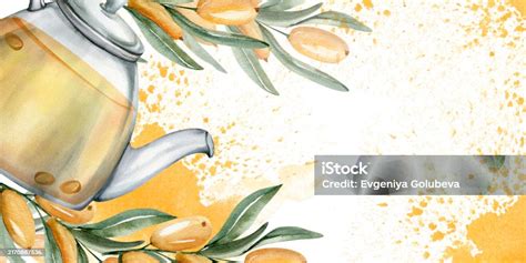 오렌지 가을 바다 갈매 나무속 열매 수채화 배너와 유리 차 주전자 손에 꽃 성분 구성을 가진 건강한 뜨거운 음료는 약 패킹 메뉴 디자인을 위한 그림을 그린 복숭아 색깔