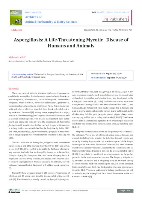 Pdf Aspergillosis A Life Threatening Mycotic Disease Of Humans And