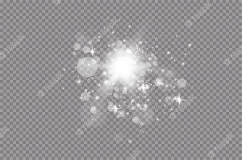 투명 한 바탕에 황금 빛나는 조명 효과의 집합입니다 태양 광선과 스포트라이트로 플래시 광선 조명 효과 반짝임으로 스타 버스트 프리미엄 벡터