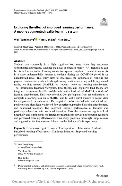 Exploring The Effect Of Improved Learning Performance A Mobile Augmented Reality Learning