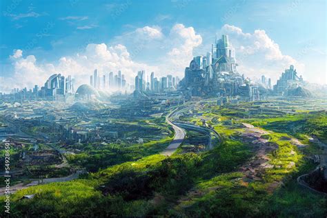 Utopian Landscape With A City In The Distance Concept Art Stock