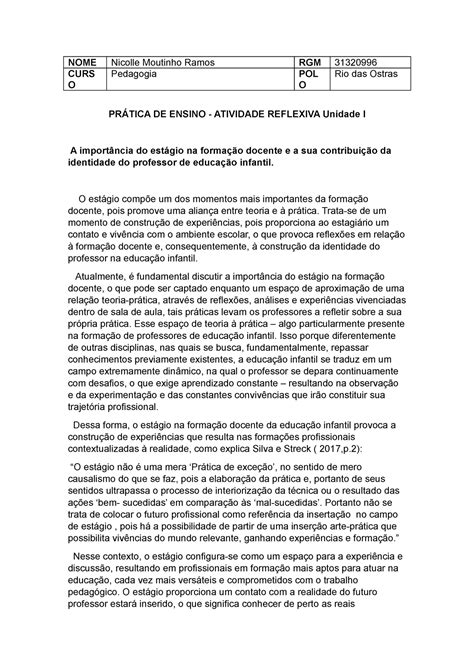 Template Atividade I Prática de Ensino infantil feito NOME Nicolle Moutinho Ramos RGM