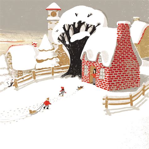 Кирпичный домик в снегу Ребенок с санками Иллюстрация из книги Снег Рождественские