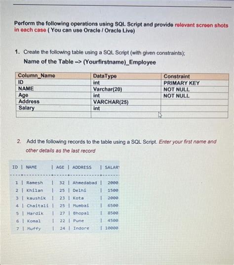 solved perform the following operations using sql script and