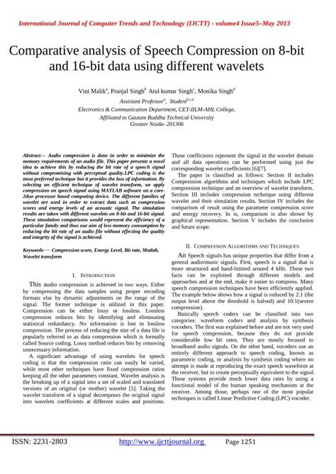 pdf comparative analysis of speech compression on 8 bit and 16 bit