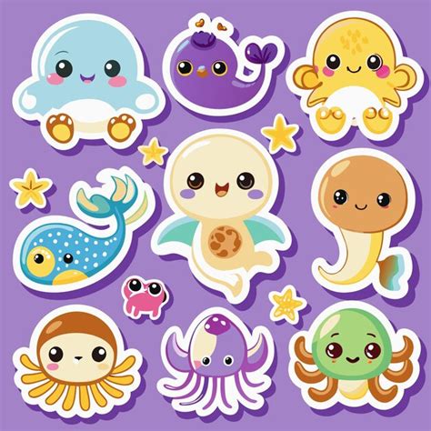 귀여운 만화 바다 생물 스티커 세트 프리미엄 Ai 생성 벡터