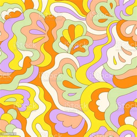 사이키델릭 히피 완벽 한 패턴입니다 빈티지 물결 모양의 배경 벡터 향수 복고풍 60 년대 그루비 그림입니다 구식 손으로 그린