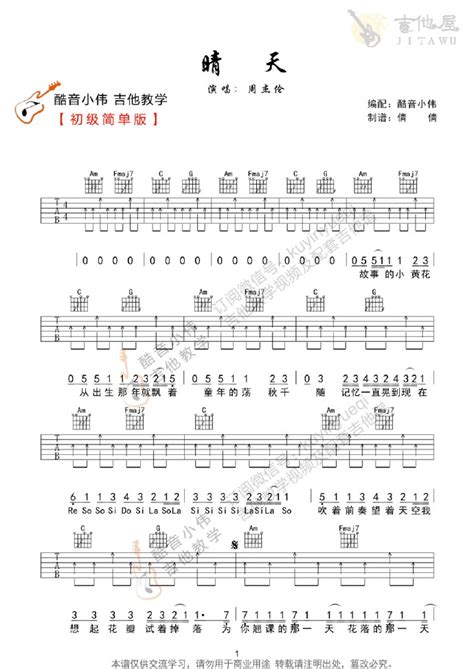 晴天吉他谱原版歌曲简单c调弹唱教学六线谱指弹简谱5张图 吉他谱 中国曲谱网