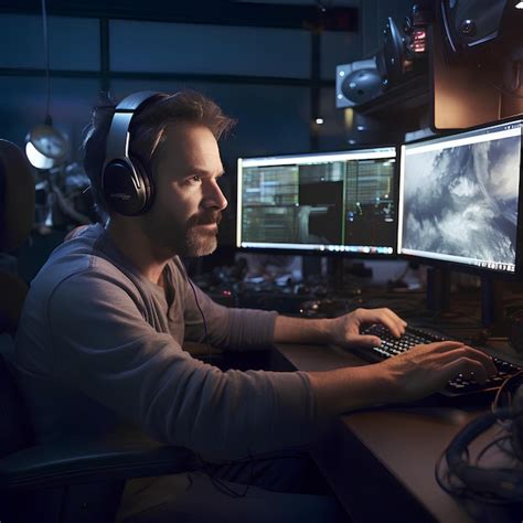 Premium Ai Image Midage Male Sitting At Desk Gamer Chair Wearing