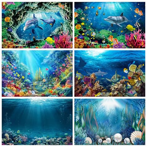 수중 세계 배경 바다 상어 바다 해저 물고기 산호 수족관 사진 배경 장식 포토존 아기 생일배경 Aliexpress