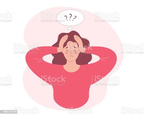 절망에 빠진 여인은 두 손으로 머리를 들고 있다 그녀는 결단력 우울증 질문 불확실성에 질문하기에 대한 스톡 벡터 아트 및 기타