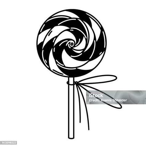 롤리팝 벡터 아이콘입니다 막대기에 달콤한 줄무늬 사탕 흰색 배경에 고립 된 검은 색 윤곽선 설탕 캐러멜로 만든 맛있는 디저트 장식 웹 디자인 로고 응용 프로그램을위한 손으로