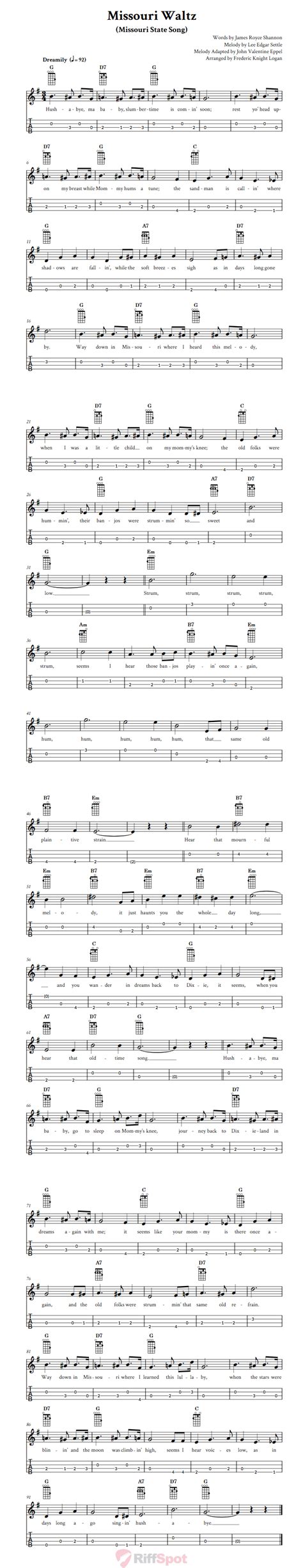 Missouri Waltz Easy Baritone Ukulele Sheet Music And Tab With Chords