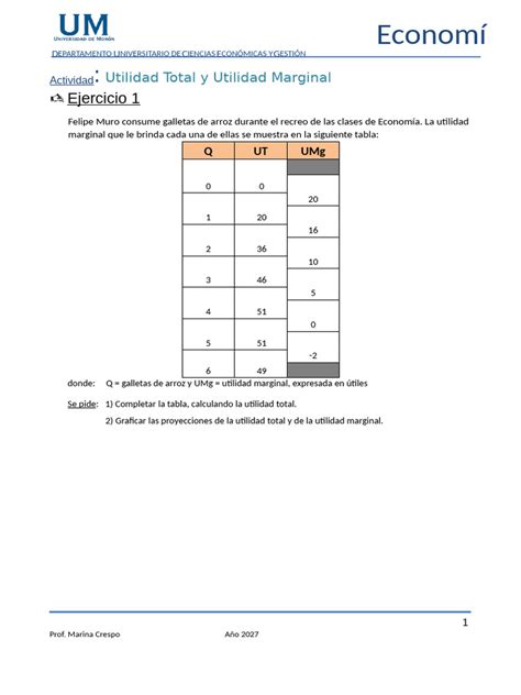 Actividad Utilidad Total Y Utilidad Marginal Resuelto Correeg 1 Pdf