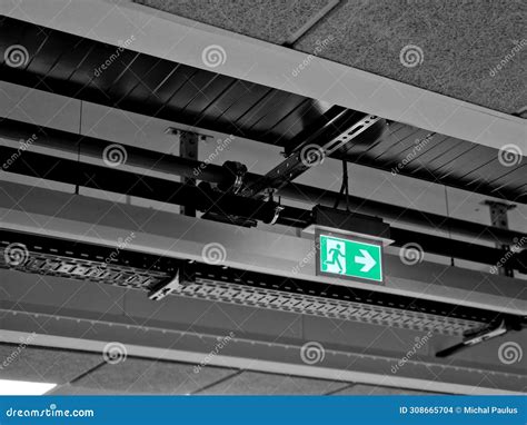 In The Factory Transparent Signs With Backlight And An Arrow To The Escape Stock Photo Image