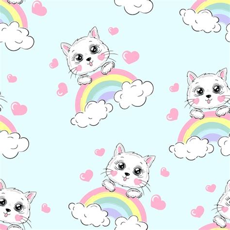 고양이 원활한 패턴 배경 구름과 무지개 사이 하늘을 나는 행복한 귀여운 키티 아이들을 위한 만화 고양이 벡터 일러스트 레이 션