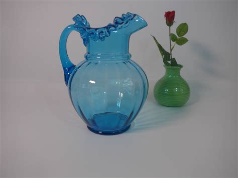 Vintage Blue Glass Frilly Edge Pitcher Large Heavy Blue Pitcher