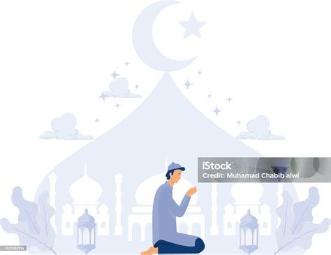 무슬림 기도 그림 라마단 카림 인사말 엽서 평면 벡터 현대 그림 Ramadan Kareem에 대한 스톡 벡터 아트 및 기타