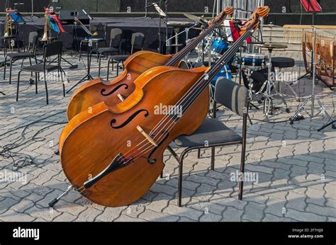 Stringed Bowed Musical Instrument Double Bass On City Square In The