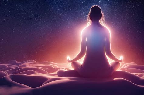 Ilustração d da mulher na posição de lótus meditando no fundo da via láctea do espaço das