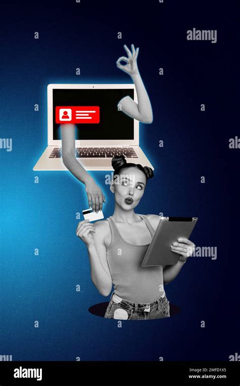 Composite Collage Image Of Pretty Female Laptop Screen Credit Card Bug