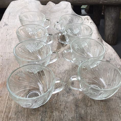 Set Of 8 KIG Indonesia Vintage Identical Elegant Clear Pressed Glass