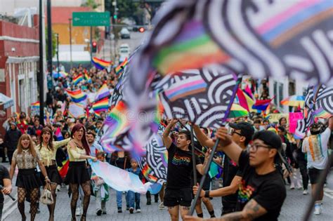 Crowd Marches For Lgbtq Pride On The Streets Of Puebla Editorial Stock