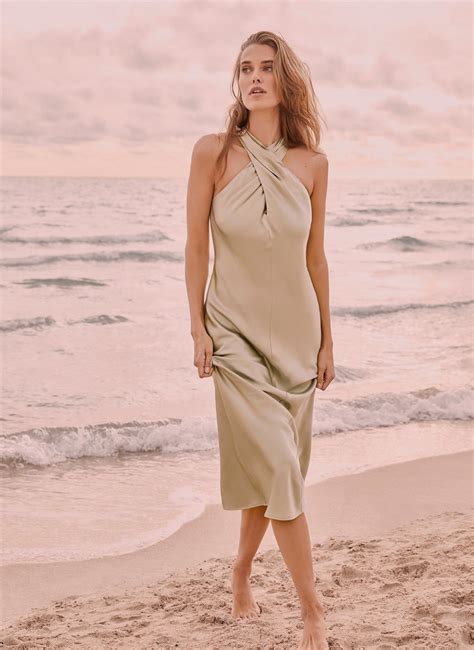 Green Satin Halter Maxi Dress Mint Velvet