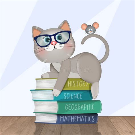 Illustration Of Nerd Cat On Books Stock Illustration Illustration Of Cute Tail 276788098