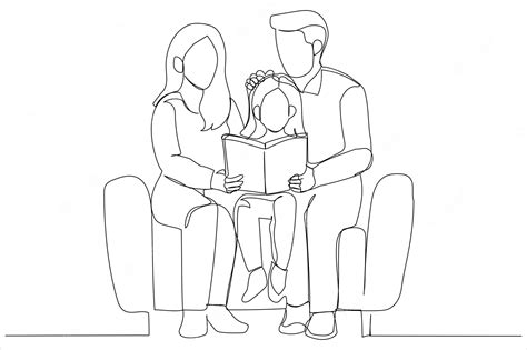 가족이 함께 책을 읽는 그림 하나의 연속 라인 아트 스타일 프리미엄 벡터