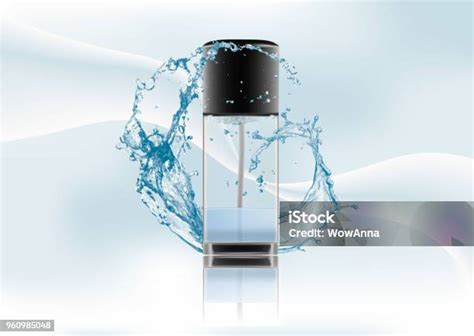 광고 잡지 페이지입니다 현실적인 투명 유리 병 2 단계 화장품 제품 토 닉 로션 디스펜서와 검은 뚜껑 추상 세련 된 그라데이션 배경입니다 벡터 일러스트입니다 디자인에 대한