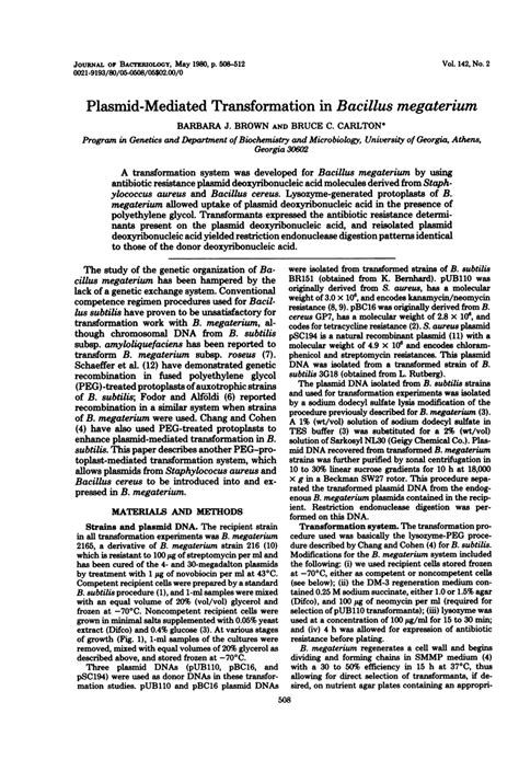 Plasmid Mediated Transformation In Bacillus Megaterium Pmc