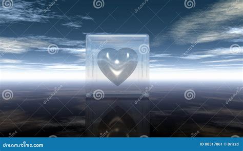 Heart Symbol In Glass Cube Under Cloudy Sky Stock Illustration