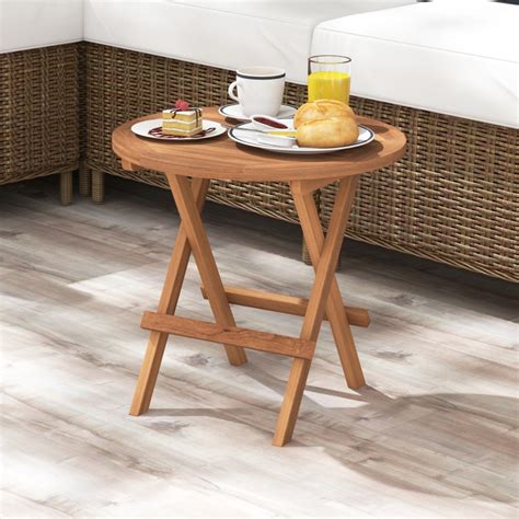 Round Patio Folding Coffee Table Teak Wood With Slatted Tabletop Costway