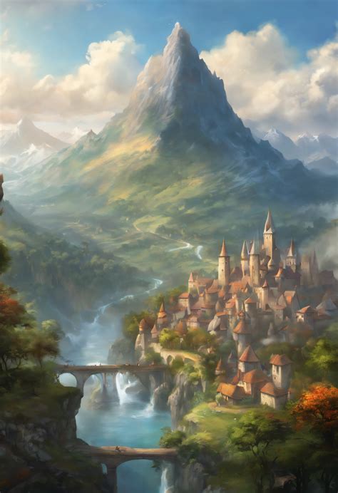 강이 있는 산 위의 성 그림 SeaArt AI