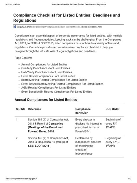 compliance checklist for listed entities deadlines and regulations