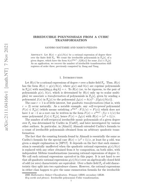 Pdf Irreducible Polynomials From A Cubic Transformation