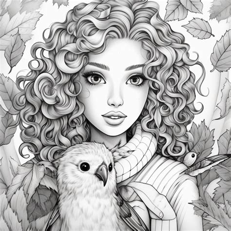 Premium Photo Arafed Drawing Of A Woman With A Bird And Leaves