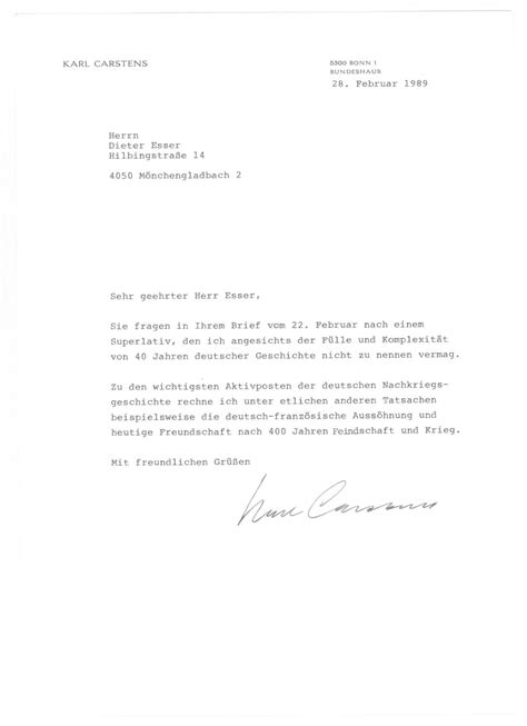 Brief Mit Eigenh U Von Carstens Karl Politiker 1914 1992