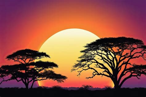 Premium Photo African Savannah Sunset With Silhouetted Acacia Trees