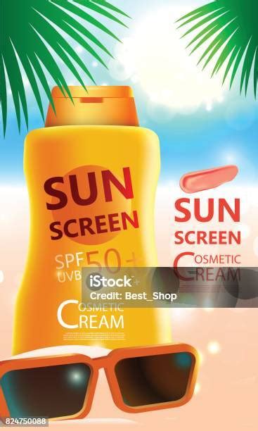 럭셔리 화장품 병 패키지 피부 케어 크림 및 선글라스 태양 화면 병 Uv 블록 뷰티 화장품 제품 포스터 Bokeh 배경 건강한 생활방식에 대한 스톡 벡터 아트 및 기타