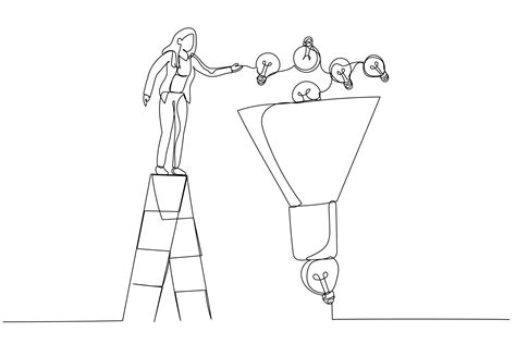 Drawing Of Businesswoman Help Put Small Lightbulb In Funnel To Get