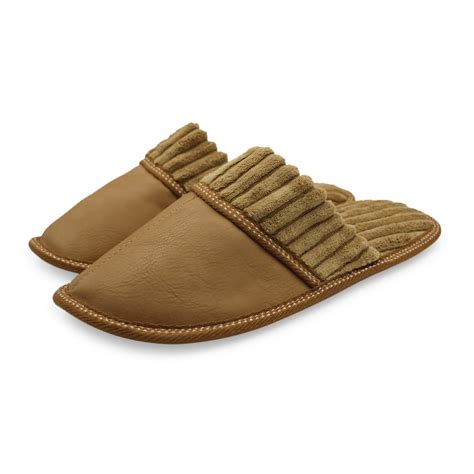 Slm Mens Corduroy Lined Faux Leather Slip On Scuff Slippers
