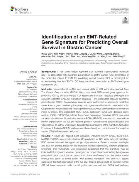 Pdf Identification Of An Emt Related Gene Signature For Predicting