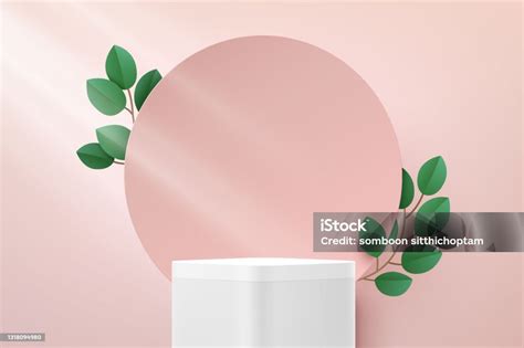 현대 화이트 라운드 코너 큐브 받침대 연단 녹색 잎 장식 핑크 파스텔 원 배경 벡터 렌더링 3d 셰이프 제품 표시 프레젠테이션