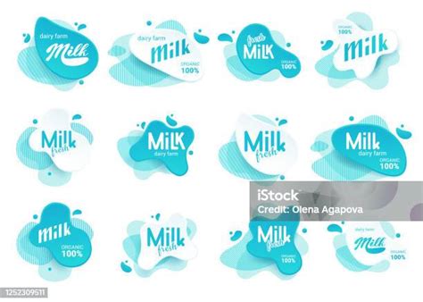 스플래시와 볼트가 있는 우유 배지와 유제품 라벨 드롭 앤 스플래시가 있는 밀크 배지는 패키지 라벨을 보관할 수 있습니다 액체 아메바 모양 물이 튀는에 대한 스톡 벡터 아트
